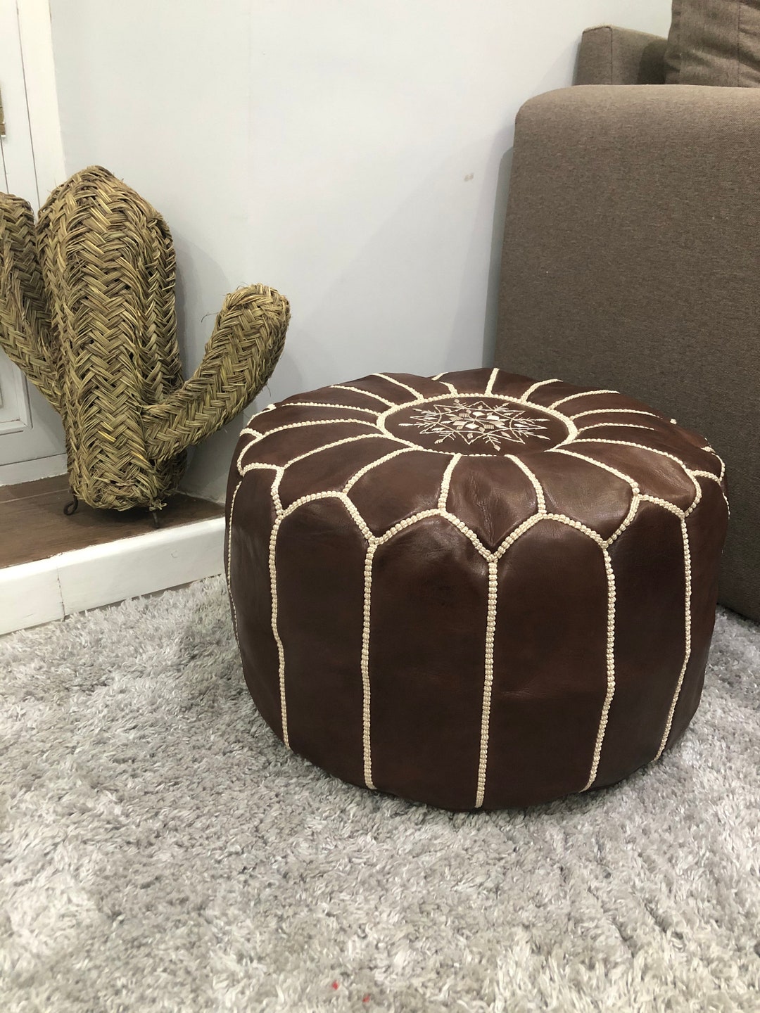 Leather Moroccan Pouf Tan Pouf Ottoman Footstool Natural Leather Pouffe ...