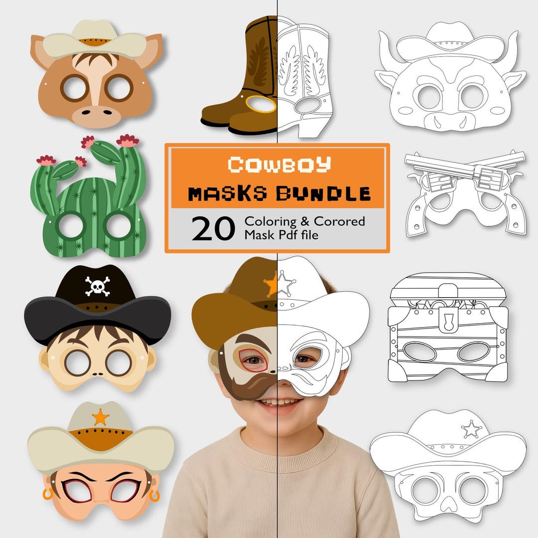 20 Cowboy Western Masks Printable Bundle | Kids Party Coloring ...