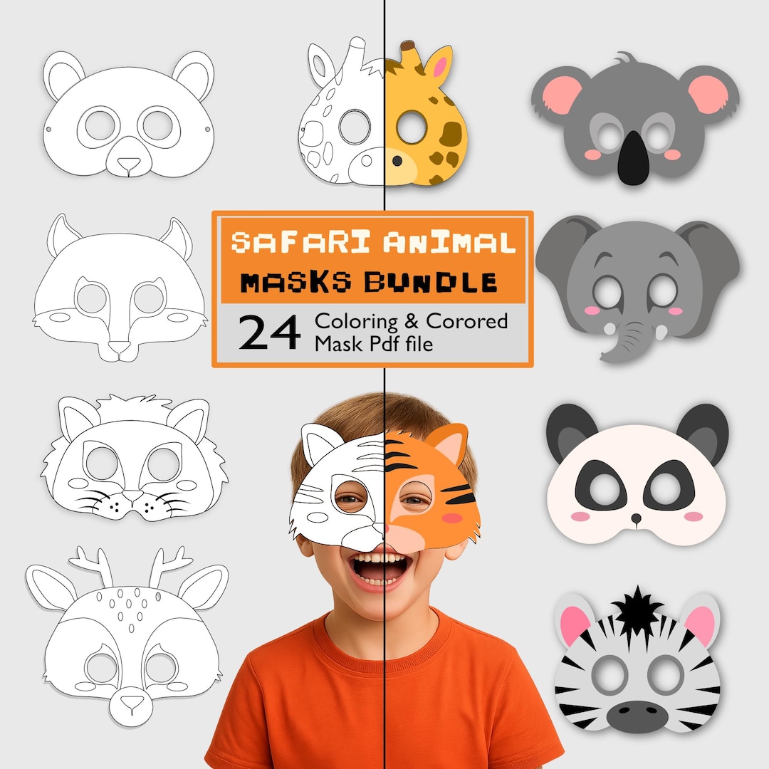Safari Animal Masks Bundle, Printable Jungle Party Masks for Kids (PDF ...