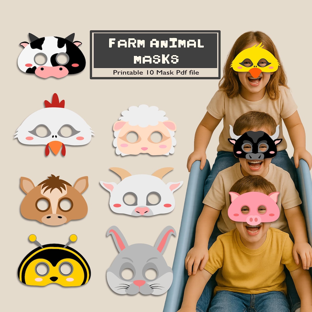 Farm Animal Masks Printable | Kids' Pretend Play Party Favors (PDF ...
