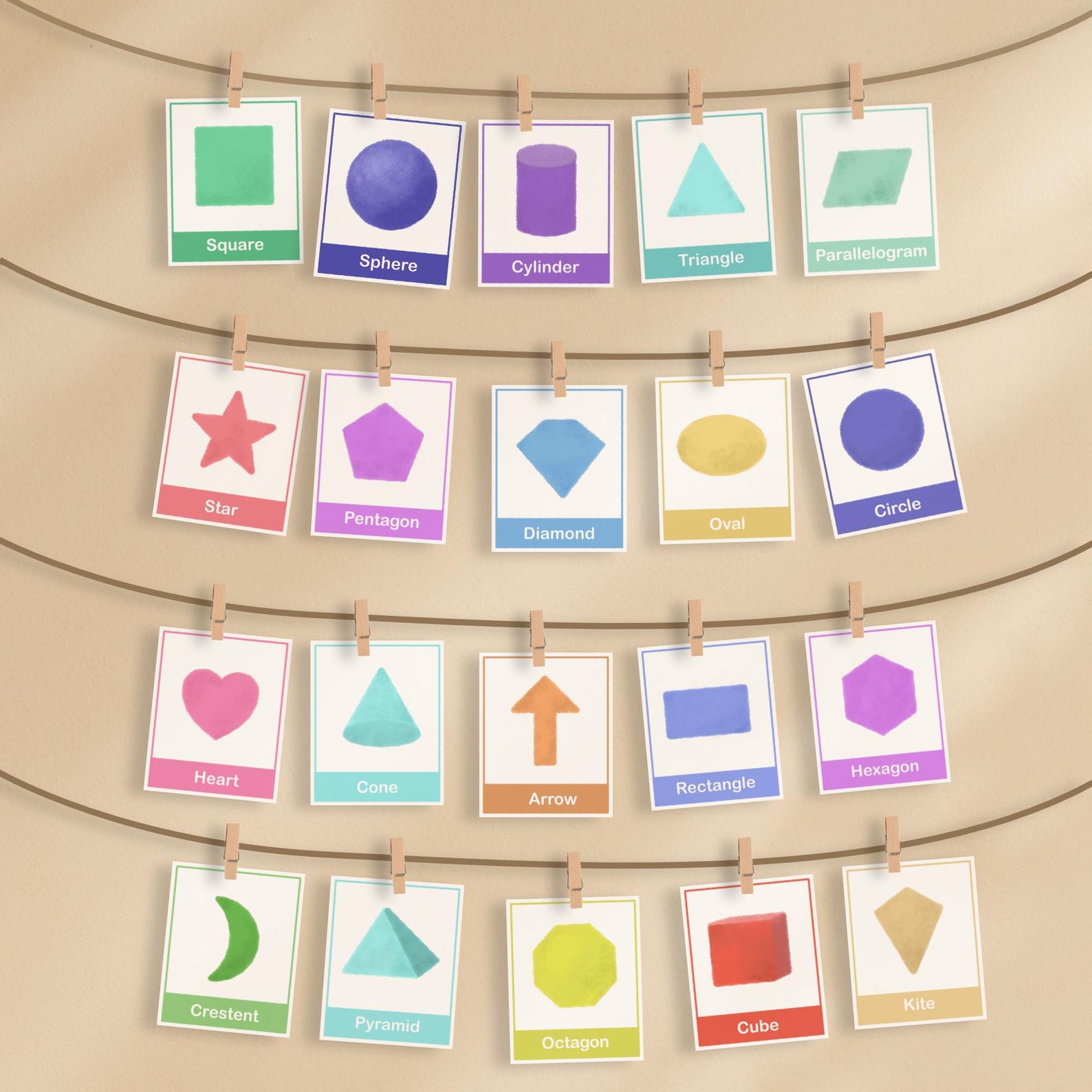 20 Shapes Flashcards for Kids - Printable Educational Geometry Cards ...