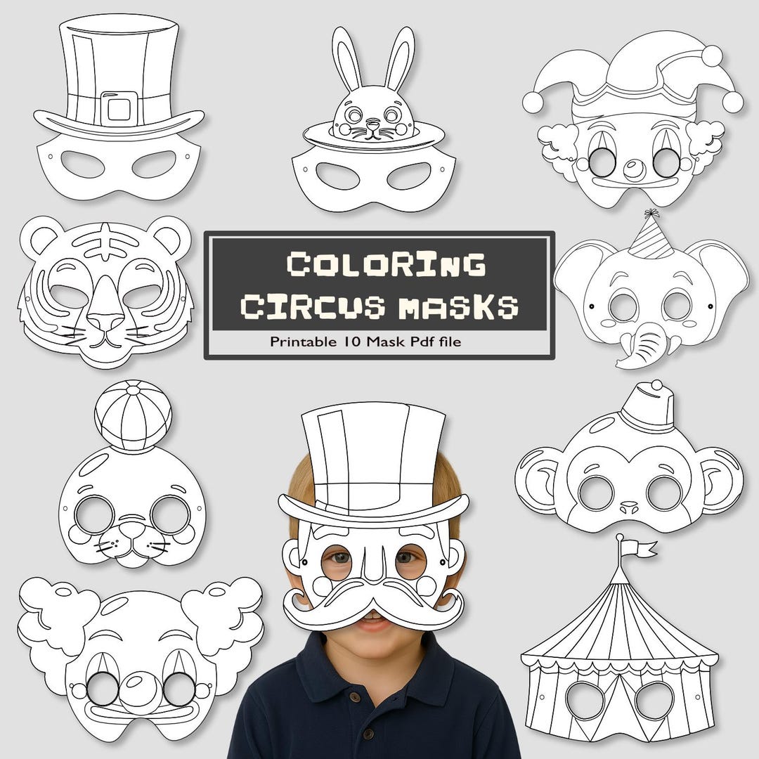 Circus Coloring Masks | Printable Carnival Party Favors | DIY Paper ...
