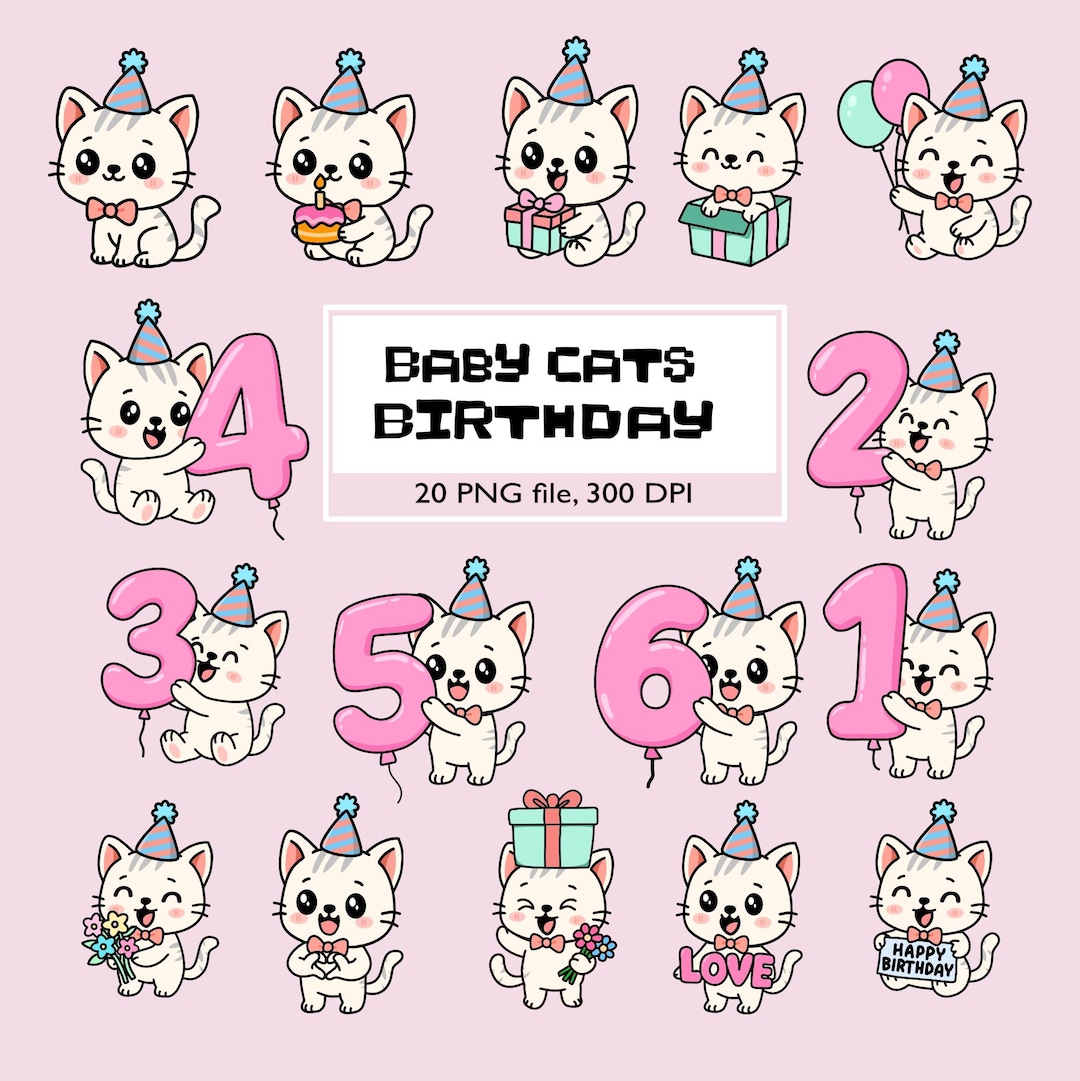 Baby Cats Birthday Clipart: Party Decor Numbers 0-9 (digital Download ...