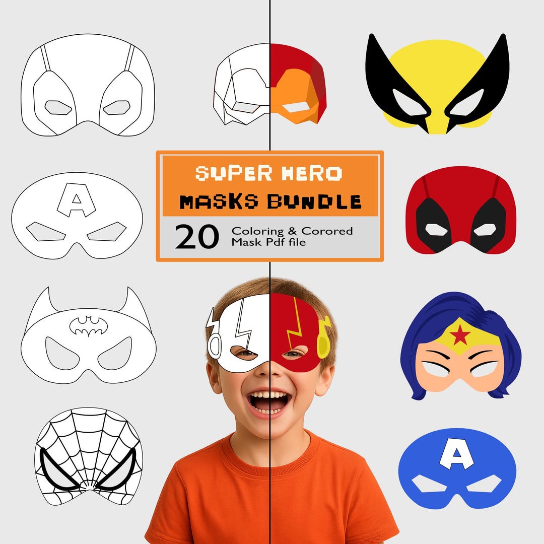 Superhero Mask Bundle – 20 Printable PDF | Coloring & Colored Super ...