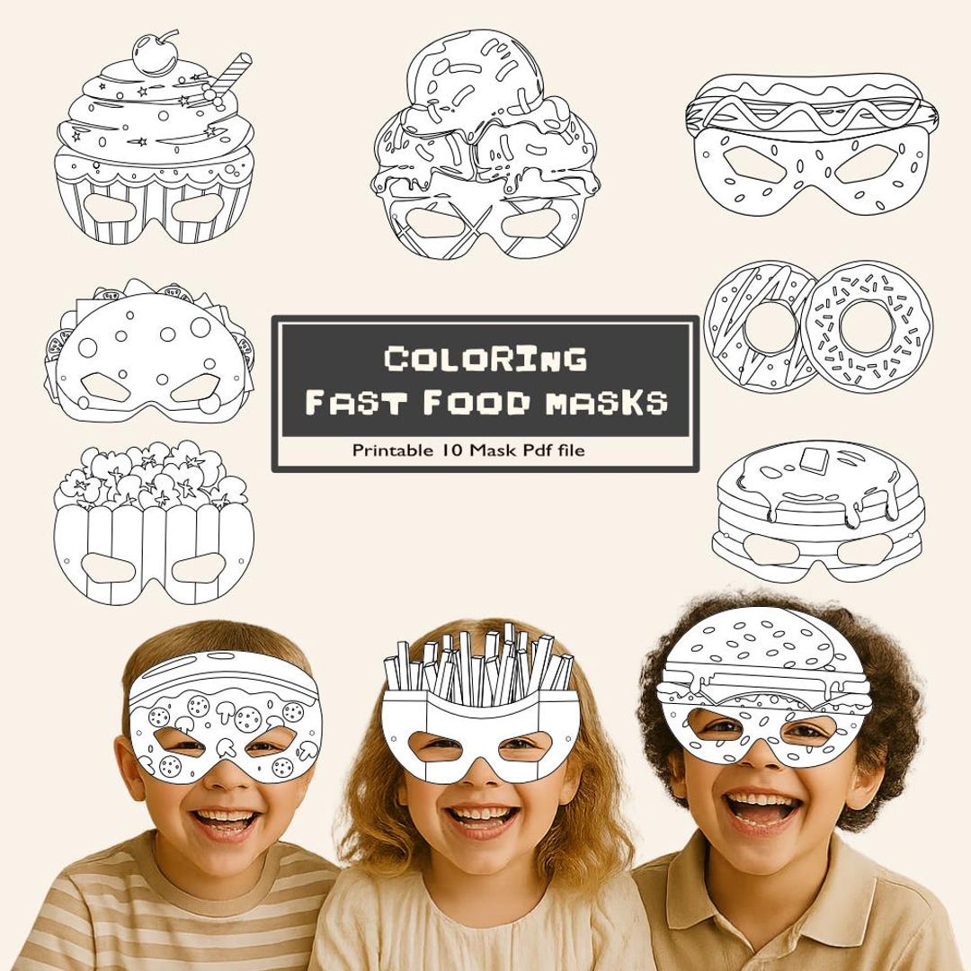 Fast Food Coloring Masks for Kids, Printable Party Activity (PDF ...