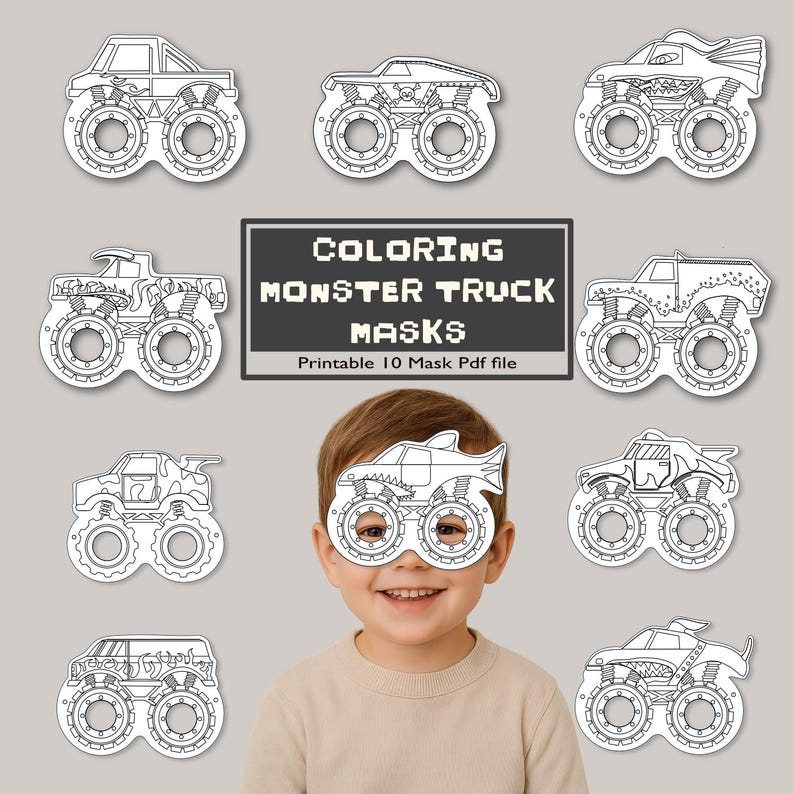 Coloring Monster Truck Masks, Costume for Kids Craft & Party Activity ...