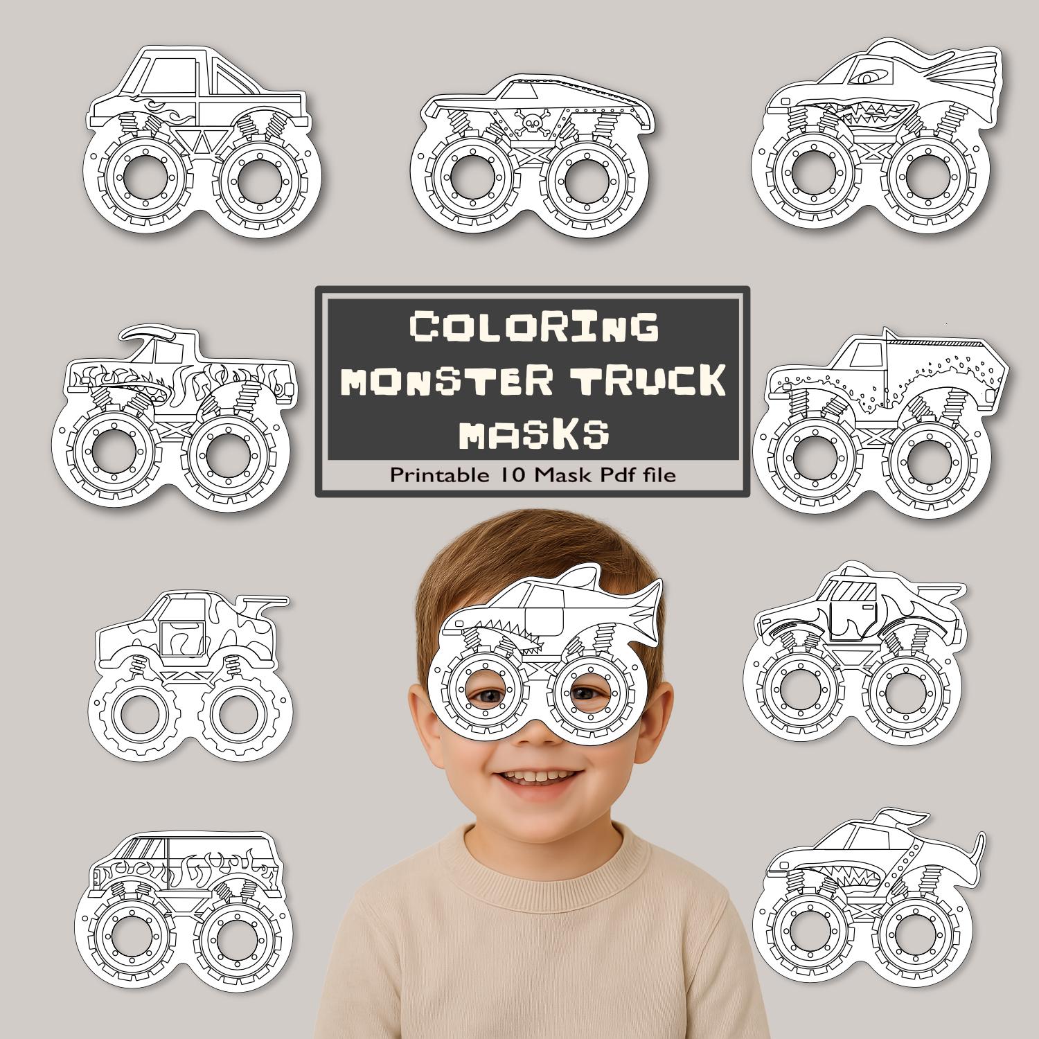 Coloring Monster Truck Masks, Costume for Kids Craft & Party Activity ...