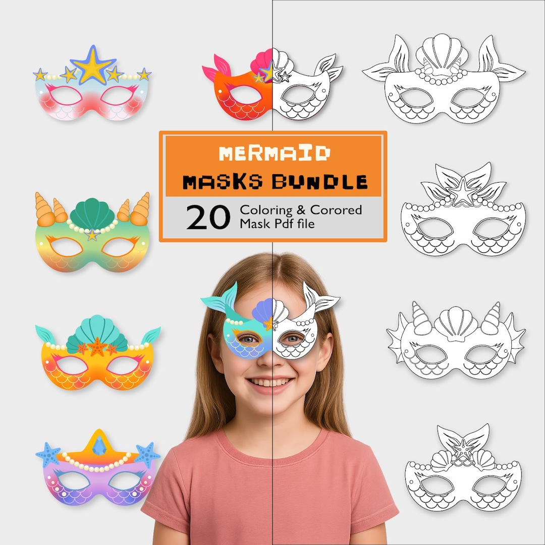 Mermaid Mask Bundle – 20 Printable PDF | Coloring & Colored Mermaid ...