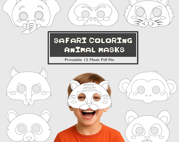 Safari Animal Coloring Masks: DIY Craft Kids Gift Activity (PDF ...