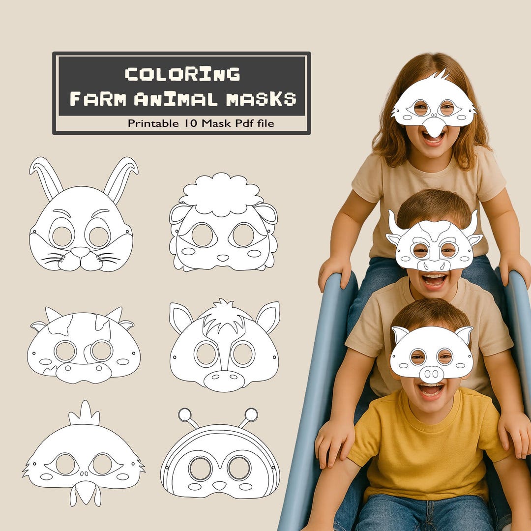 Coloring Farm Animal Masks for Kids – 10 Printable PDF Pages, DIY ...