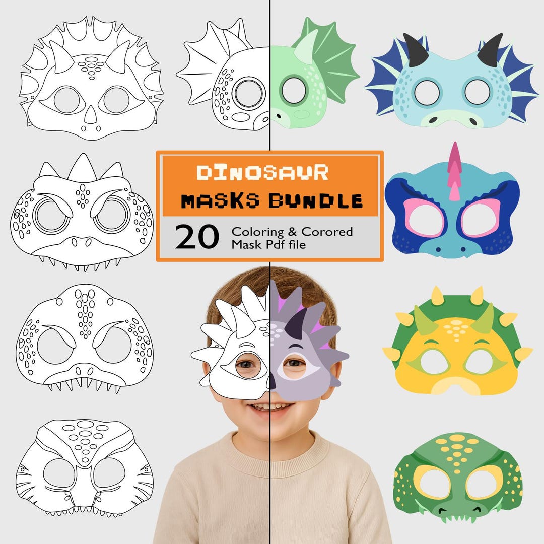 Dinosaur Mask Bundle – 20 Printable PDF | Coloring & Colored Dinosaur ...