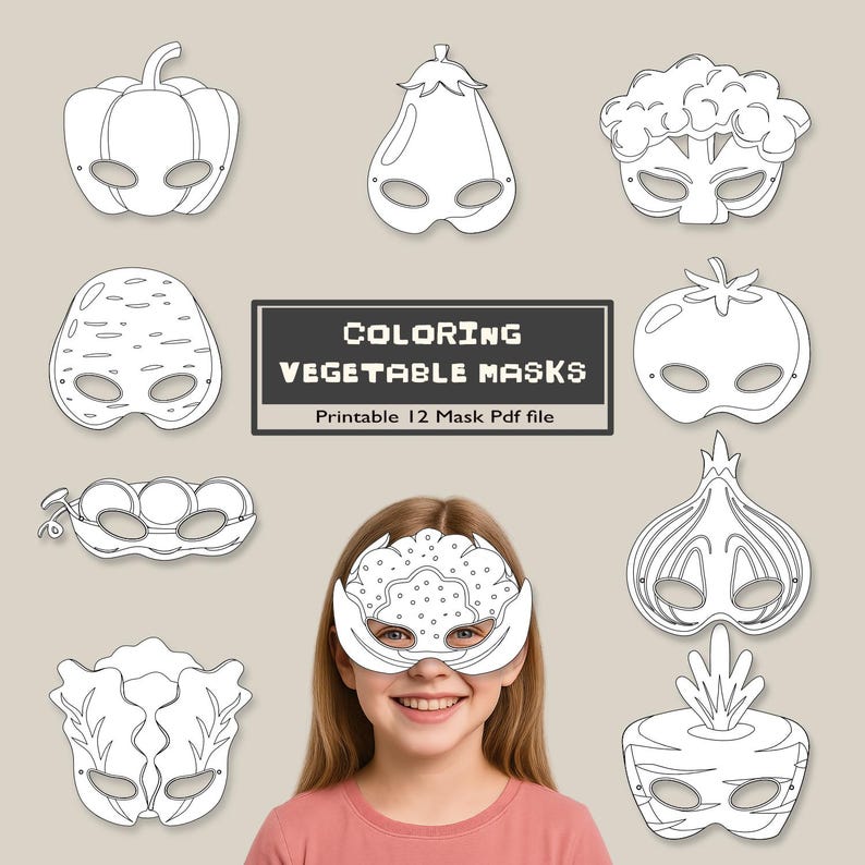 Vegetable Mask Coloring Pages | Printable Craft Activity (PDF Download ...