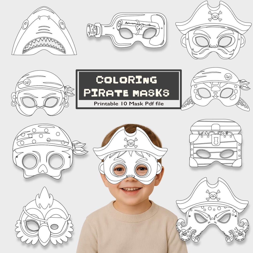 Pirate Coloring Masks | Printable Pirate Party Favors | DIY Paper Mask ...