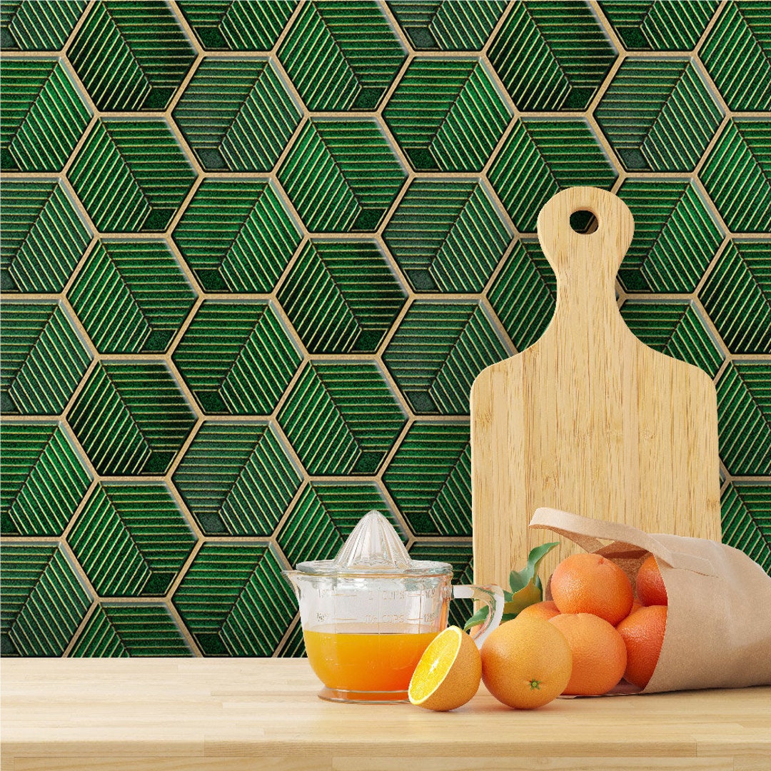 Green Geometric Honeycomb Kitchen Décor Peel and Stick Backsplash Tiles ...