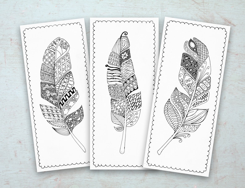 Bookmarks Zentangle Feathers for Advanced Colouring Printable Digital ...