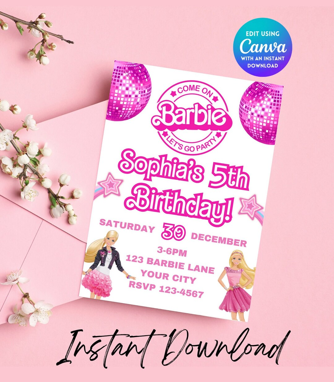 Editable Barbi Invitation, Pink Doll Birthday Party, Barbe Party, Barbi ...
