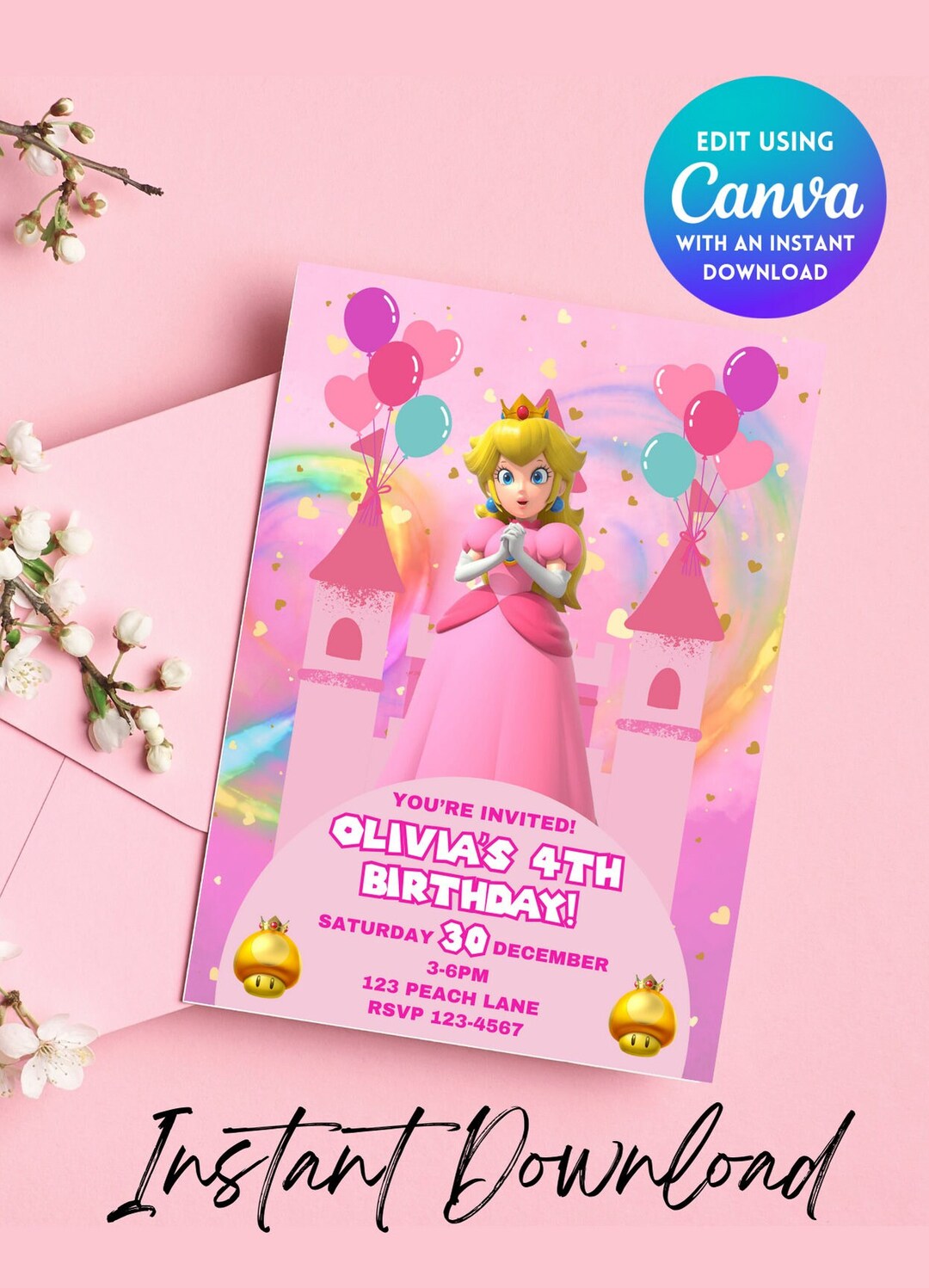 Editable Princess Peach Birthday Invitation Canva, Princess Peach Party ...