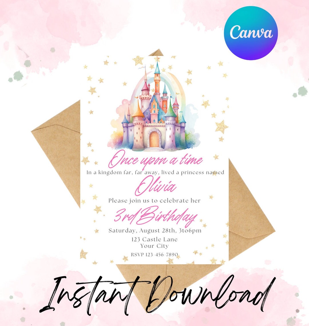 Princess Birthday Invitation Girl Princess Birthday Party Invite Pink ...