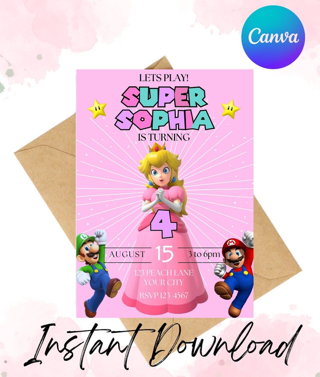 Canva de invitación de cumpleaños editable de la Princesa Peach ...