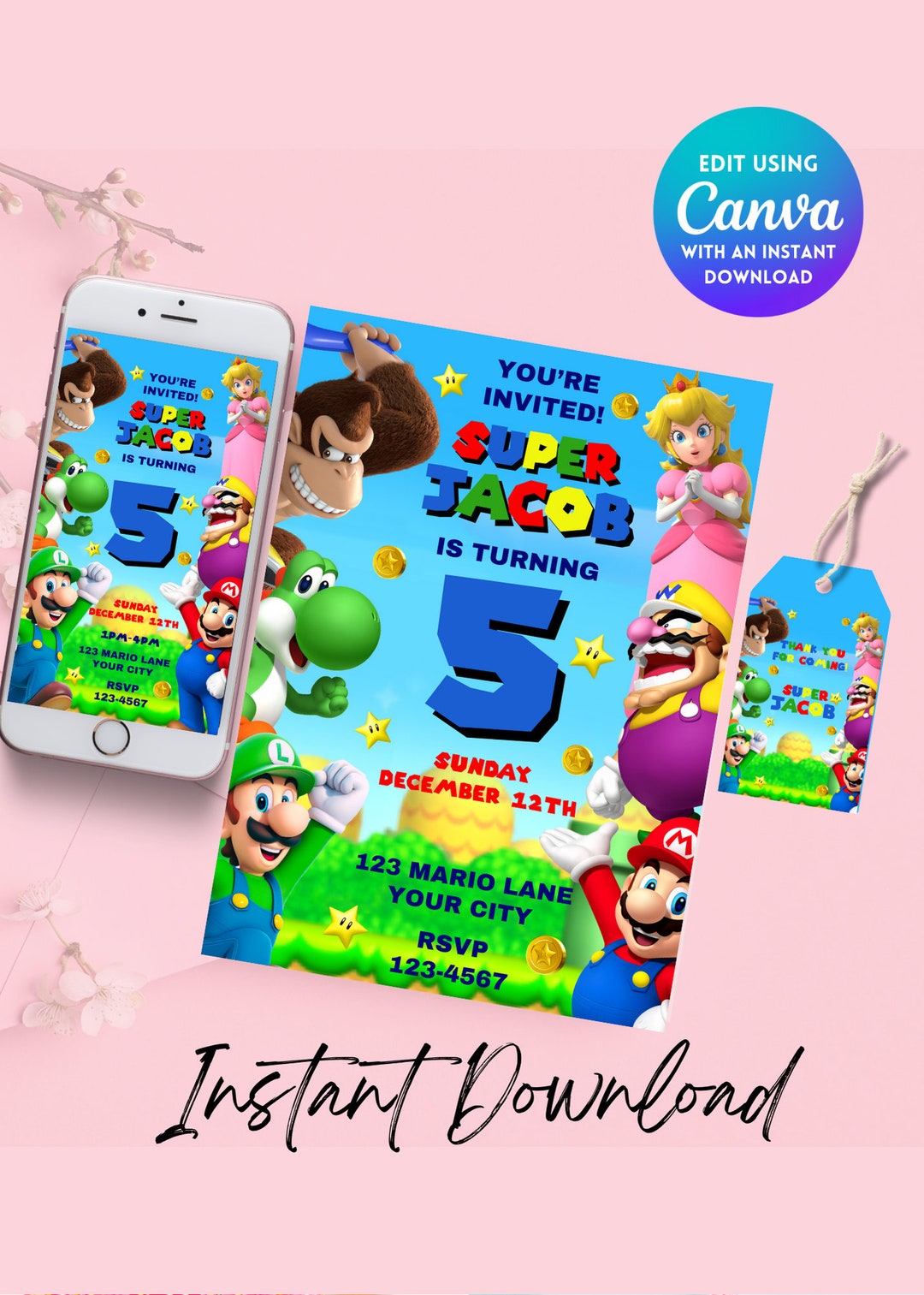 Super Mario Birthday Invitation, Canva Editable Template, Phone ...