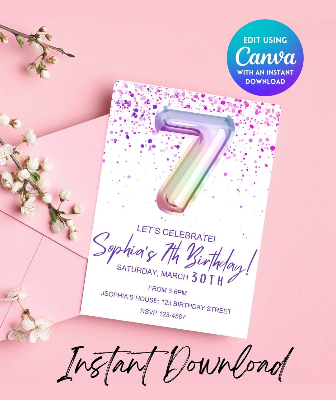 Editable 7th Birthday Girl Invitation Glitter Birthday Party Invite ...