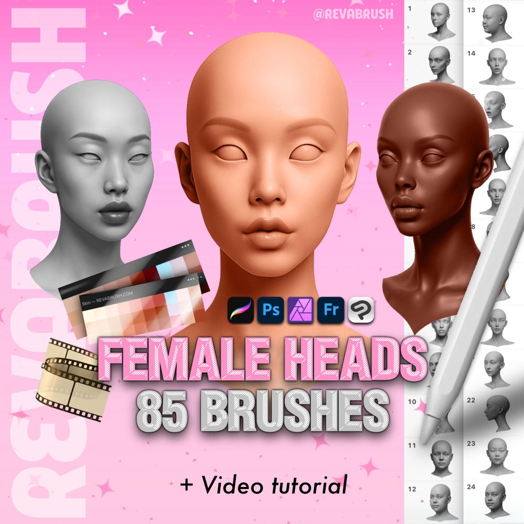 Female Face Brushes: 85 Realistic Head Stamps for Photoshop, Procreate ...