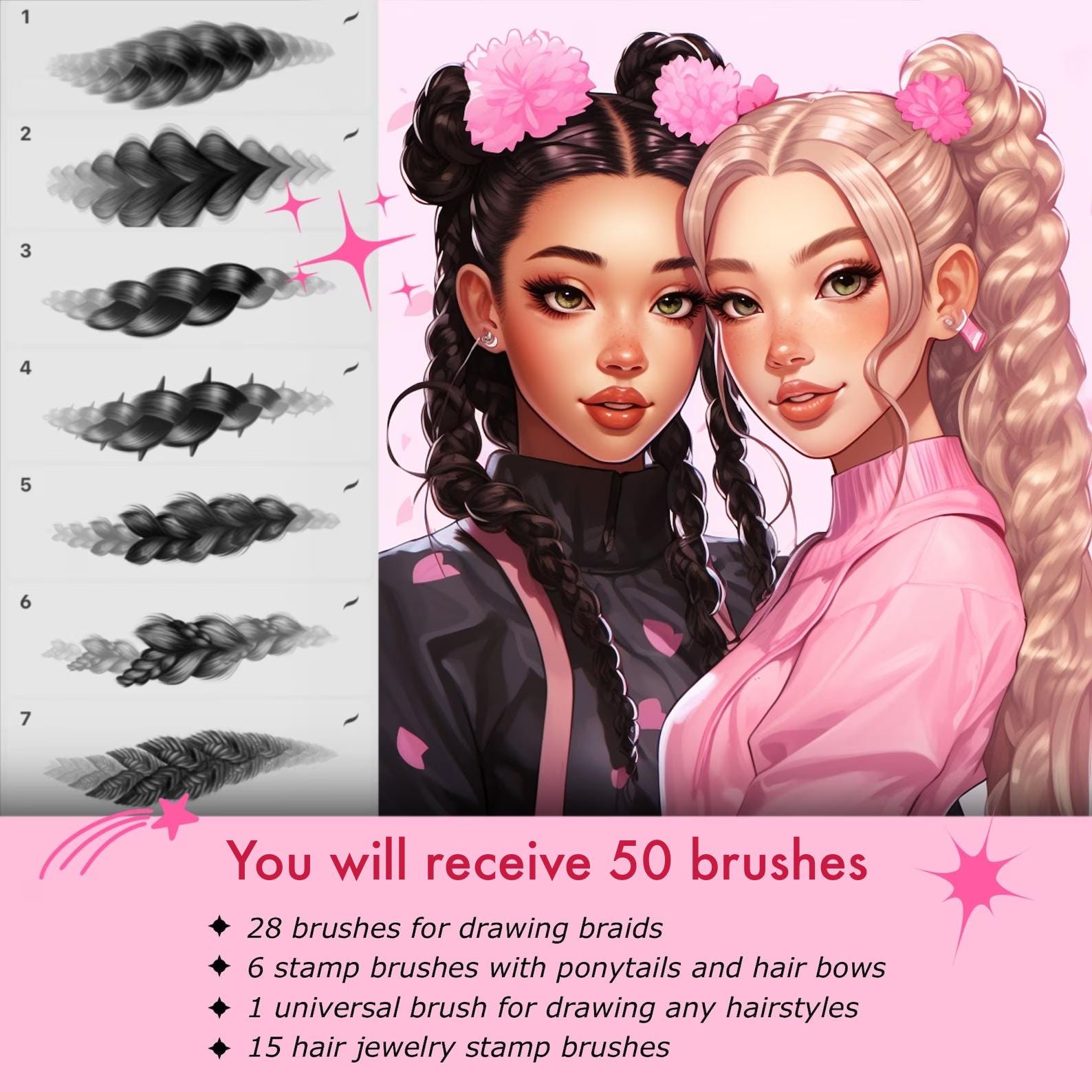 Procreate Braids Brushes: 50 Hairstyle & Jewelry Stamps (digital ...