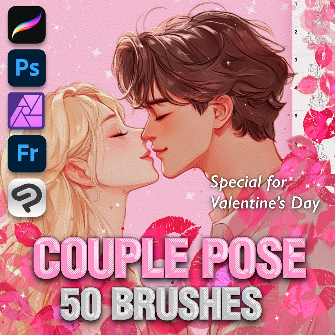 50 Couple Pose Brushes, Photoshop Brushes, Brushes for Procreate, Clip Studio, Couple Pose ...