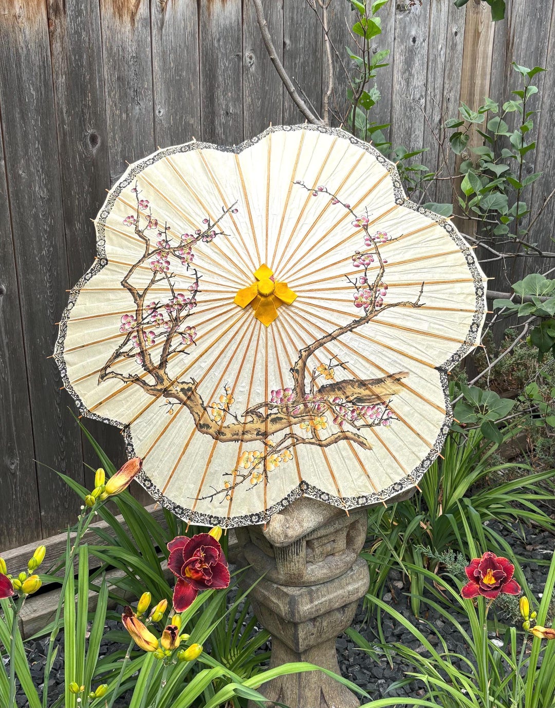 Vintage Hand-painted Cherry Blossom Parasol: Asian Rice Paper Umbrella ...