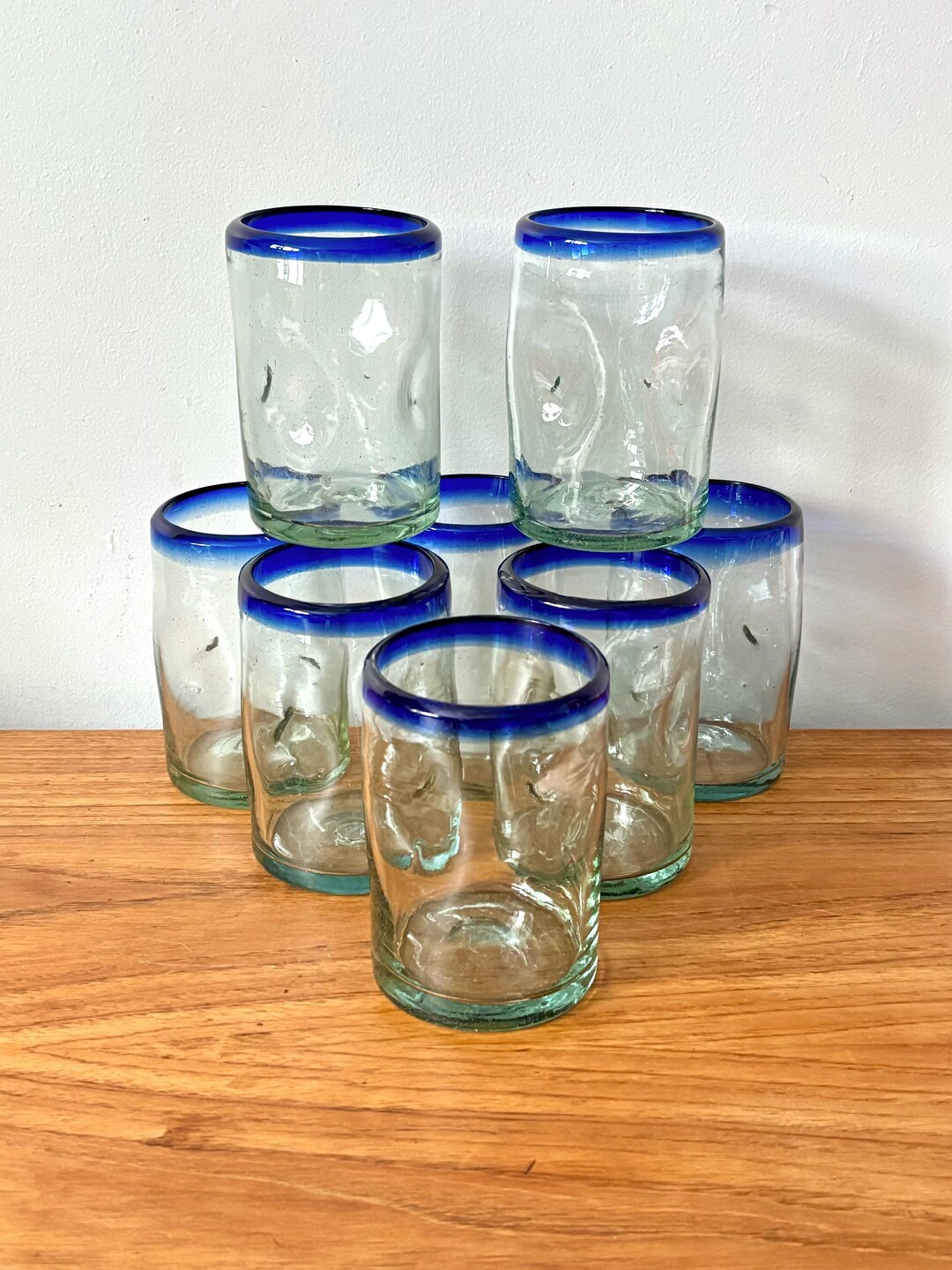 Mexican Blue Rim Hand Blown Glass "pinched" Tumbler SET of 8~ Vintage ...