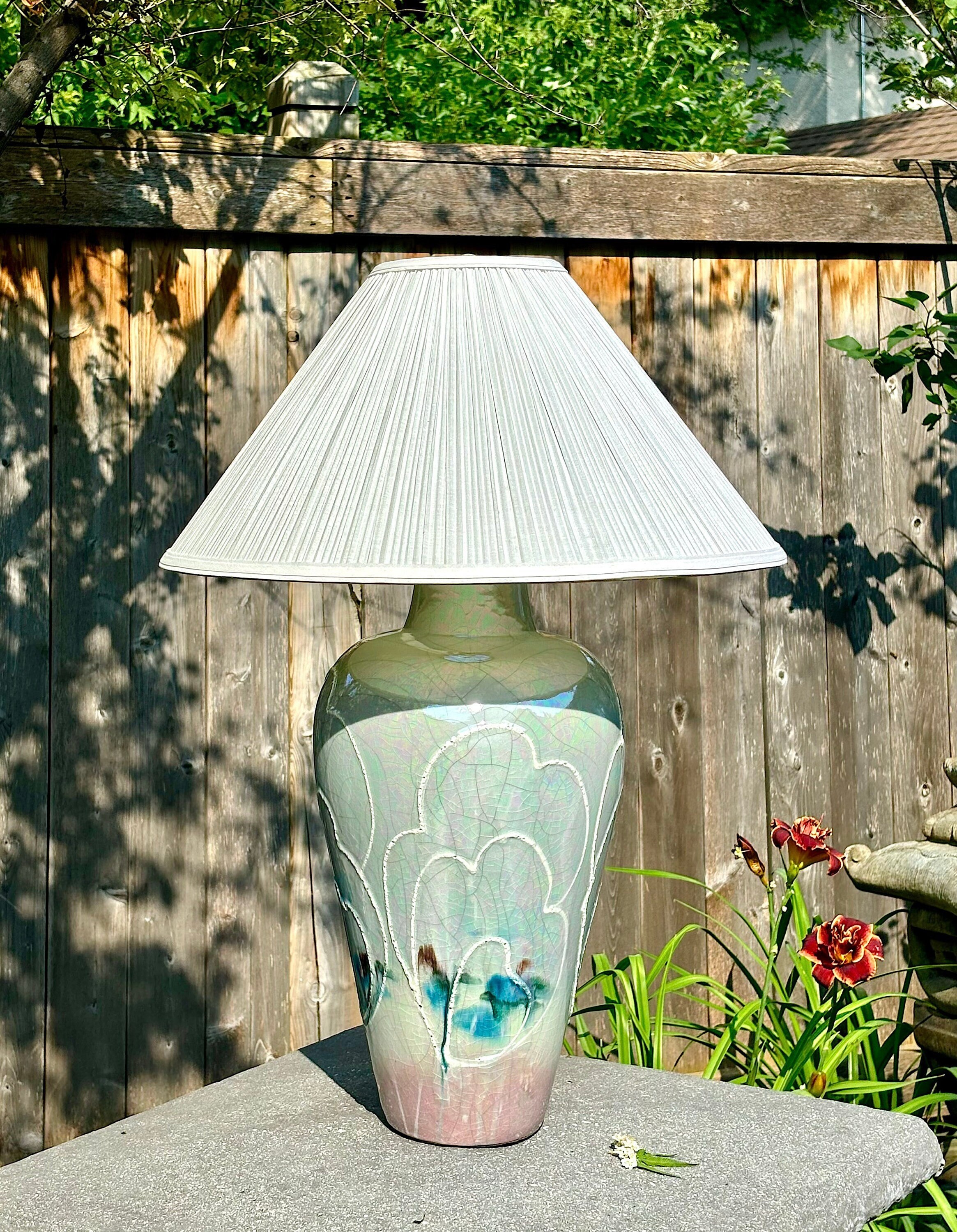 Large Raku Pottery Lamp With Shade: Iridescent Pastel 1980s Lighting - Etsy