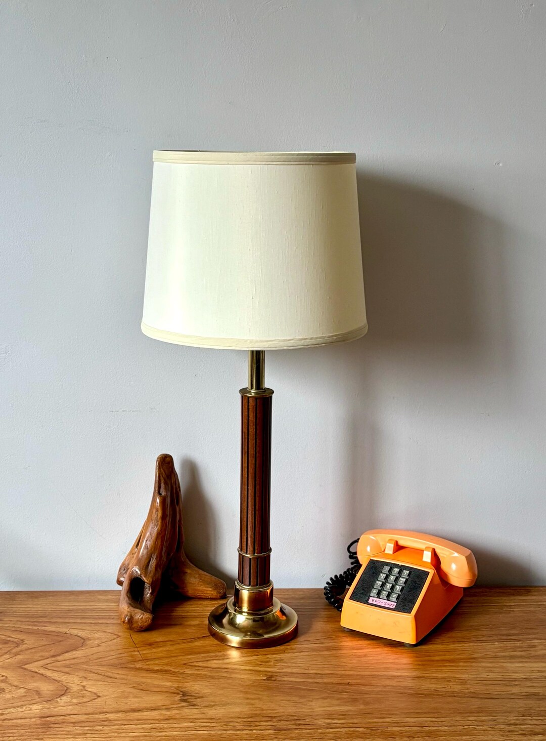 MCM Teak & Brass Column Lamp: Tri-light Linen Shade, 1960s - Etsy