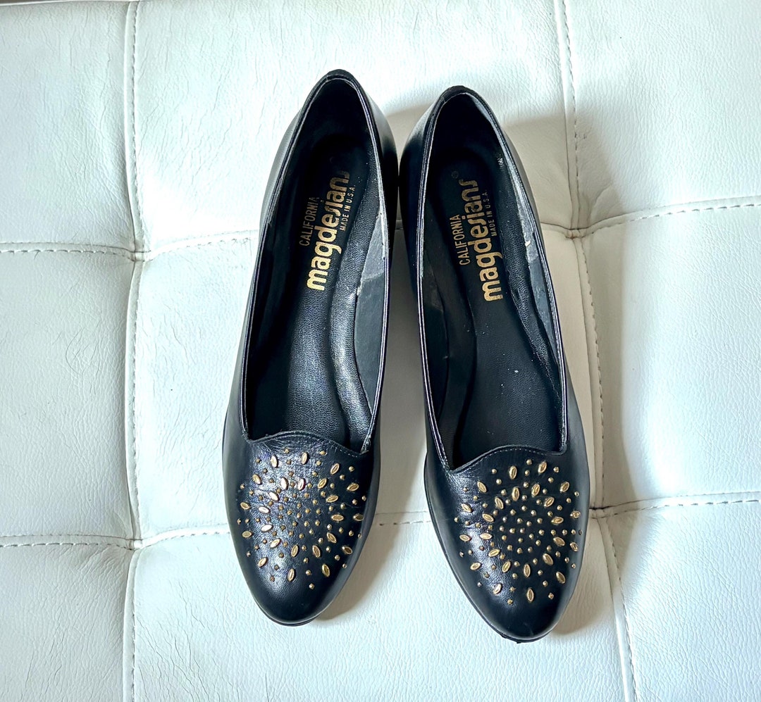 Vintage Magdesians Leather Loafers: Black Flats With Gold Design, Size ...