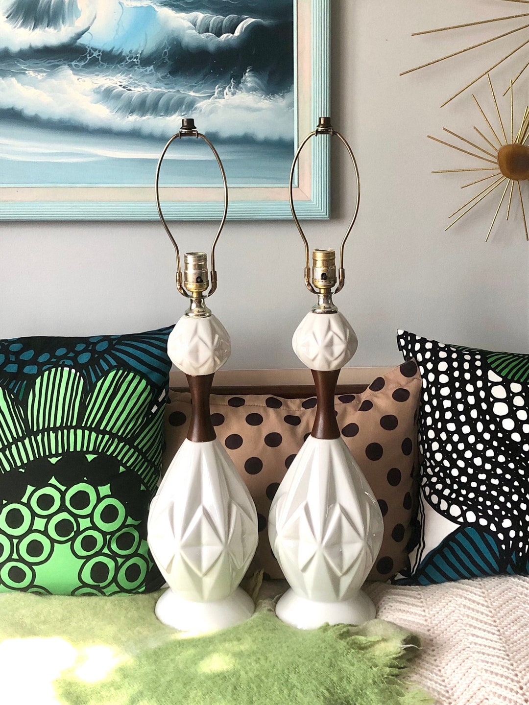 MCM Danish Modern Lamp BASE Pair- White Ceramic Geometric Design- Circa ...