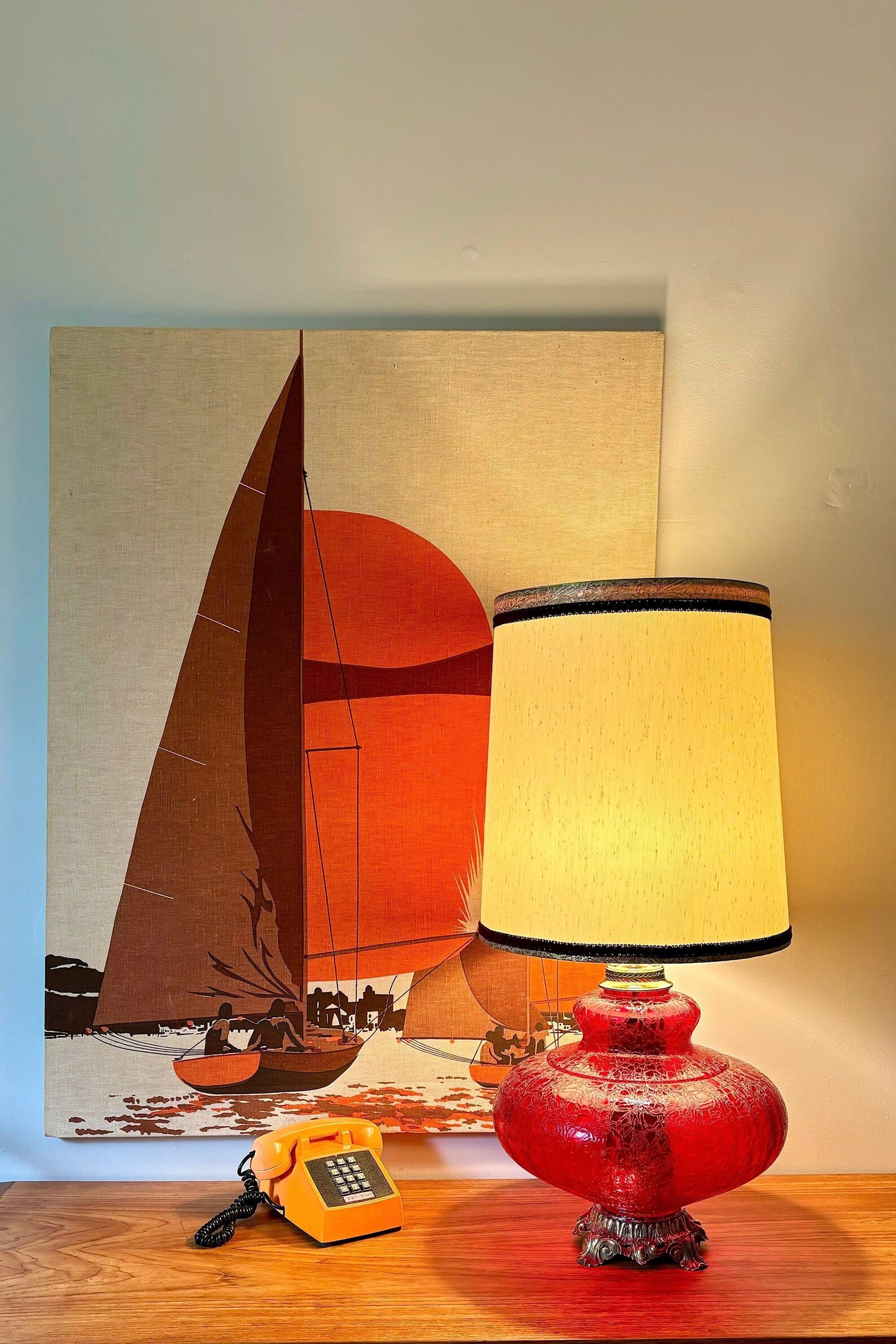 MCM Red Crackle Glass Lamp: Light-up Base & Top, Original Shade - Etsy