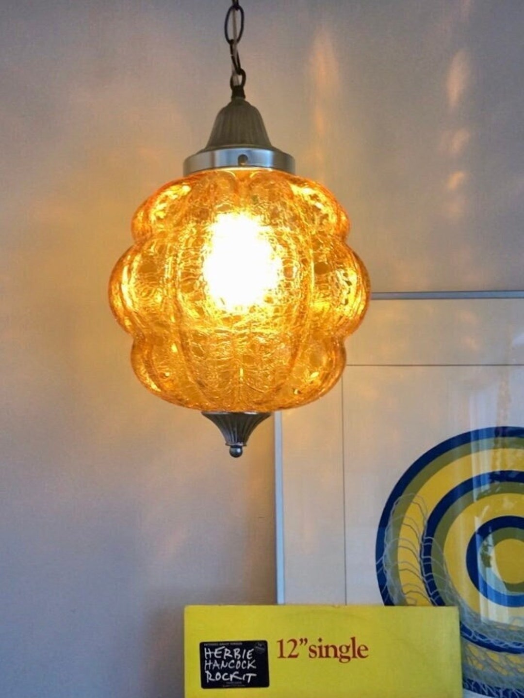 MCM Amber Crackle-bubble Glass Swag Lamp~ Circa 1960-70s. Space Age ...