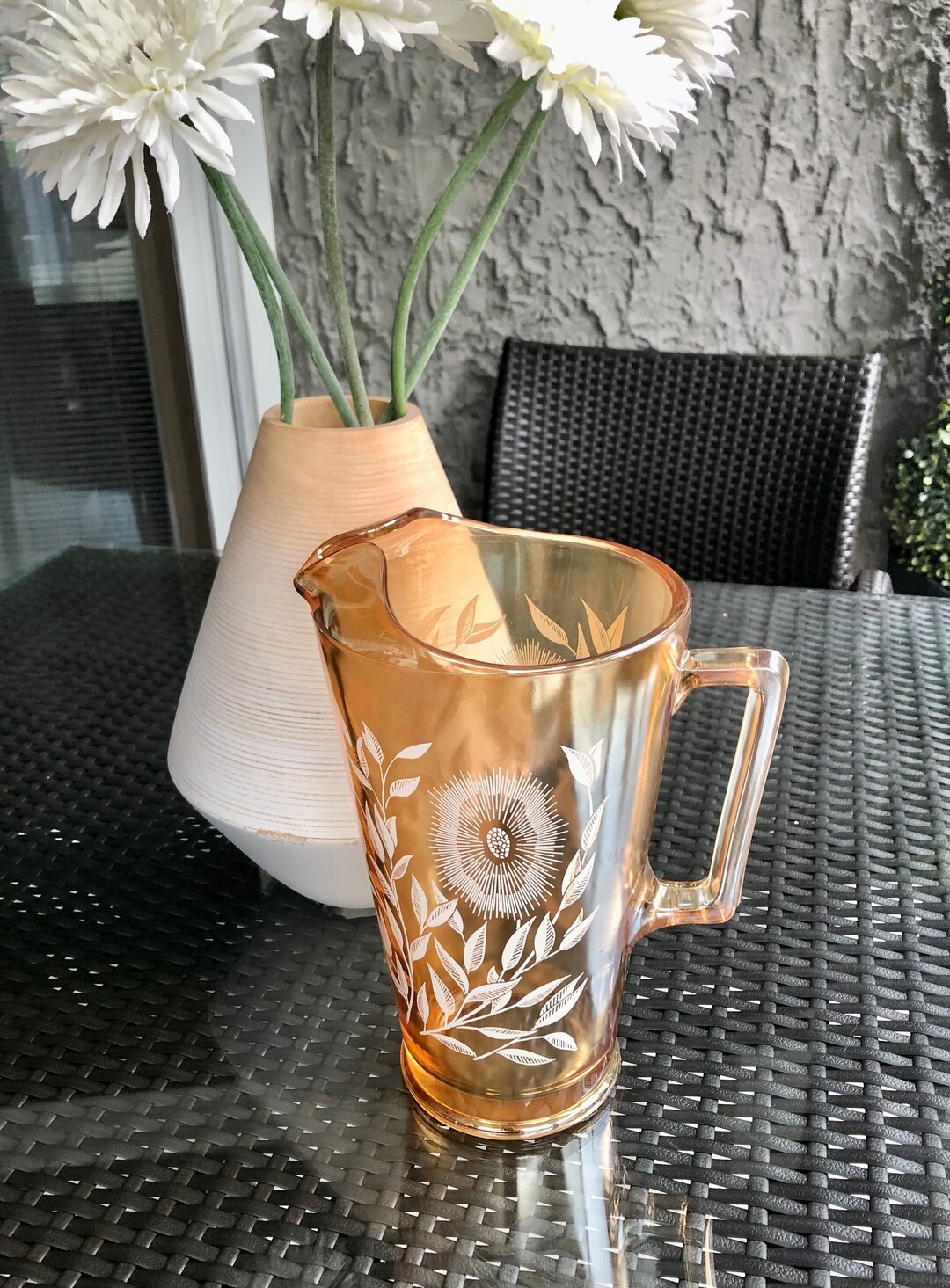 Jeanette Glass Pitcher (large)- Cosmos/ Marigold Pattern Peach Lustre ...