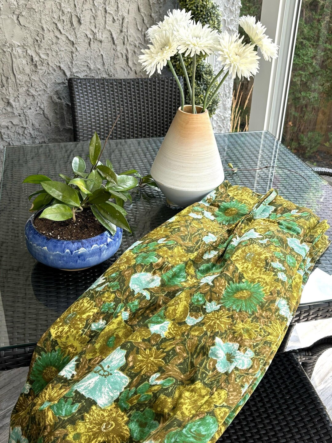 MCM Green, Moss & Blue Floral Pinch Pleat Curtain PAIR~2 Feet 11 Inch ...