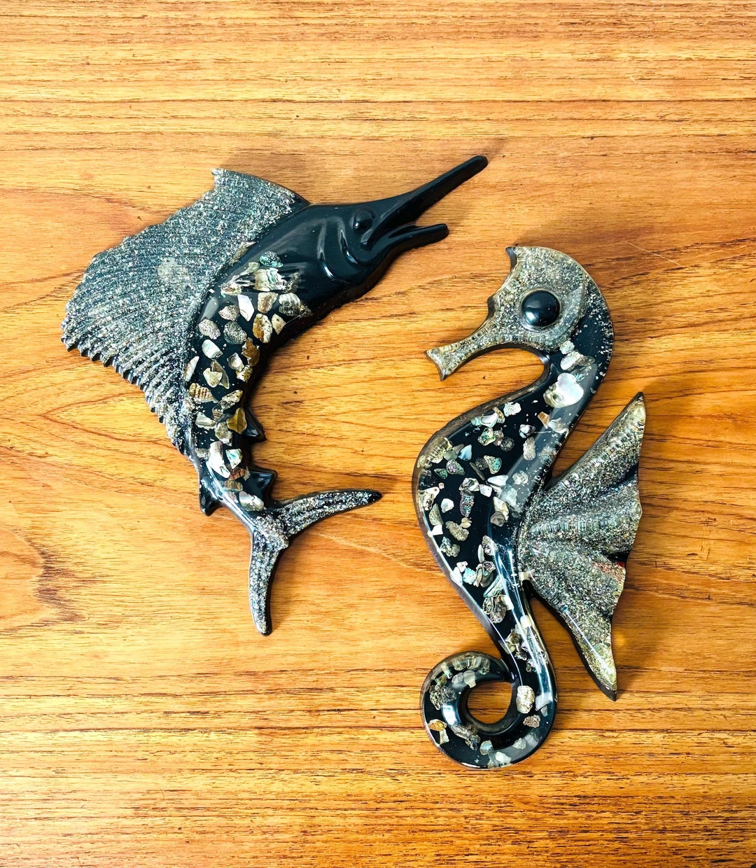 Lucite With Abalone Seahorse & Swordfish Wall Plaques PAIR- Circa 1950 ...