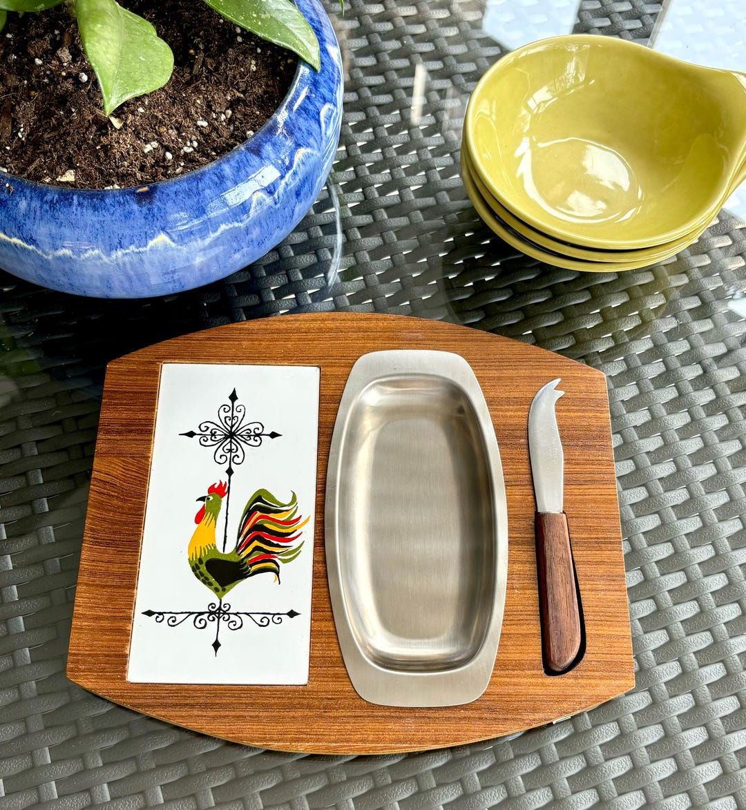 Vintage MCM Rooster Motif, Cheese Plate/ Charcuterie Set (smaller Size ...