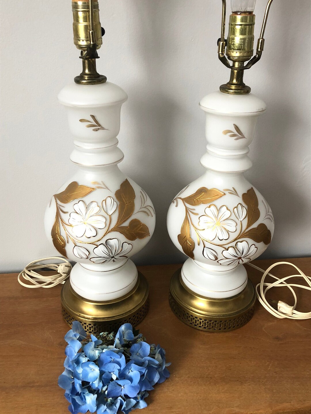 1950's Hollywood Regency Gold & White Floral Hand Painted Satin Glass ...