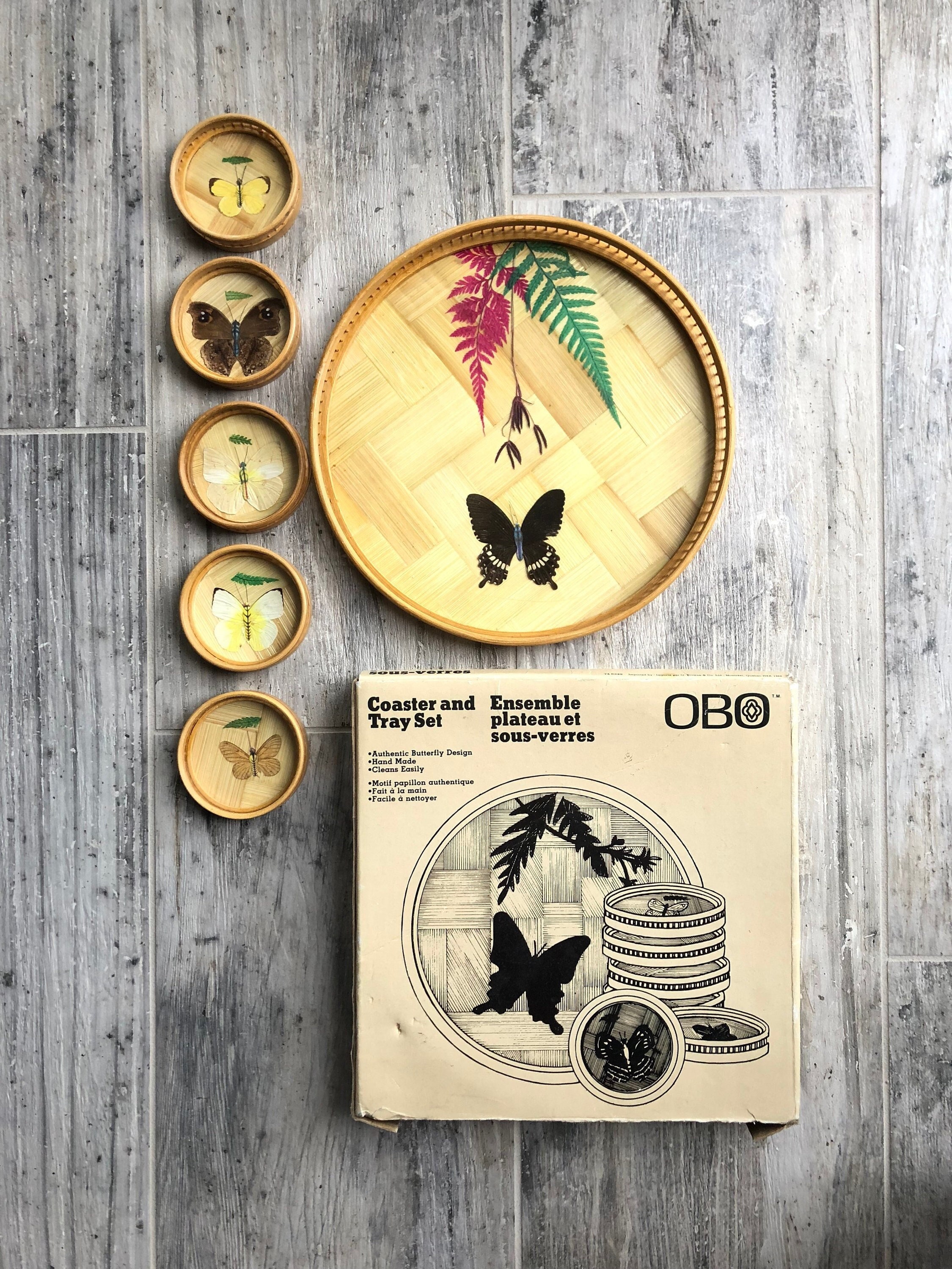1970-80s Bamboo/ Rattan Butterfly Tray & Coaster Set comes in | Etsy