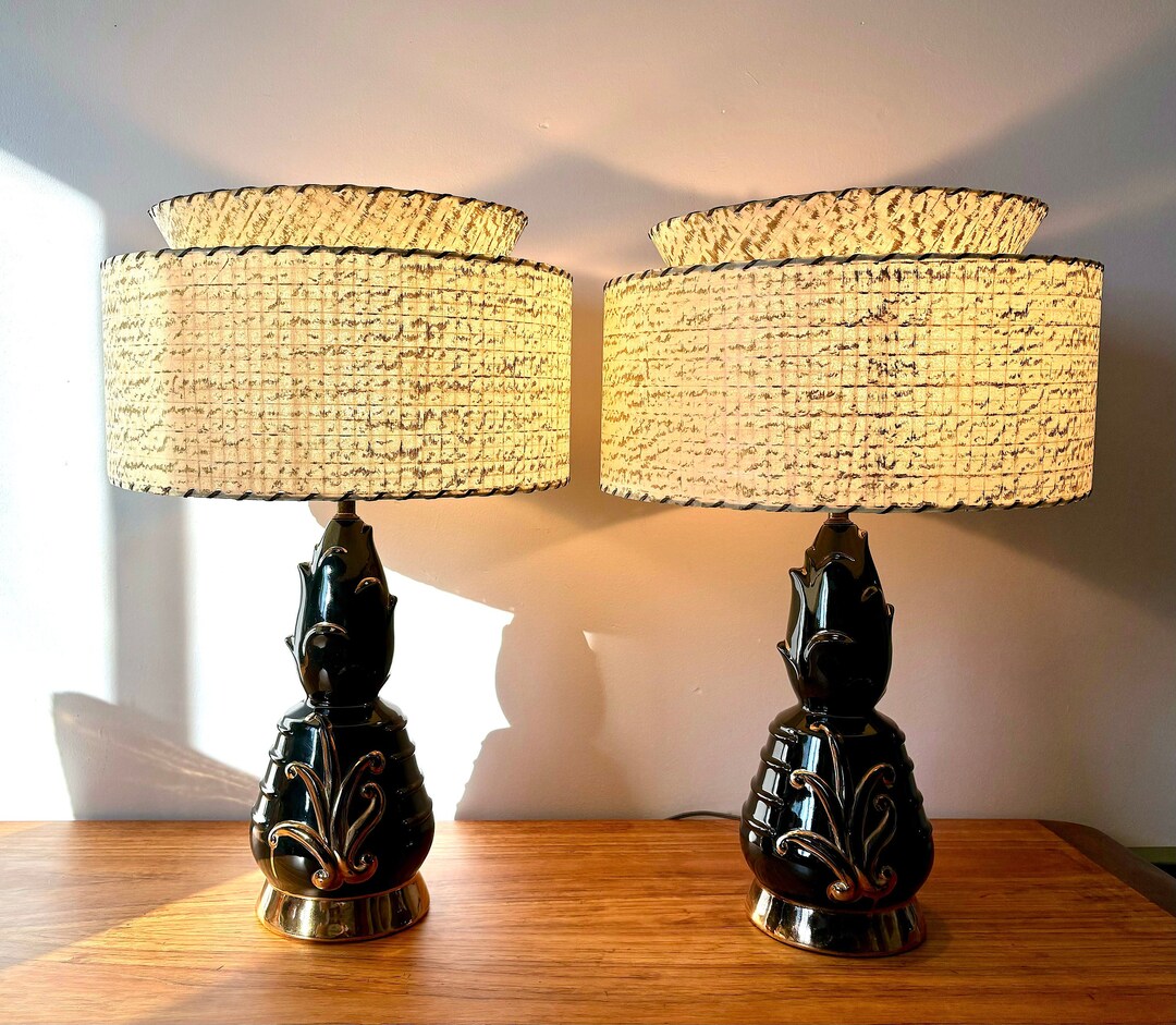 Atomic Era Black & Gold Textured Ceramic Lamp Base PAIR MCM Circa 1950s ...