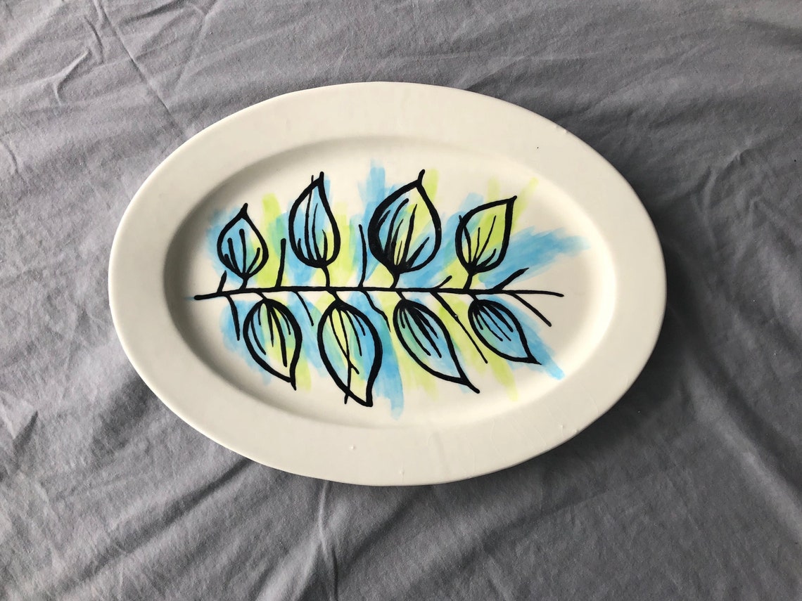 MCM Atomic Era Serving Platter: Hand Painted Ceramic, 1950s Oval Plate ...