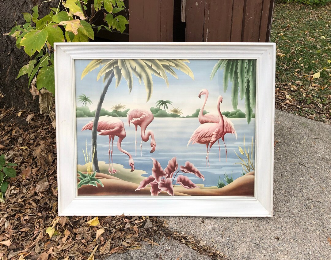 Vintage 1940s Turner Flamingo Print - Art Deco MCM Original Wood Frame ...