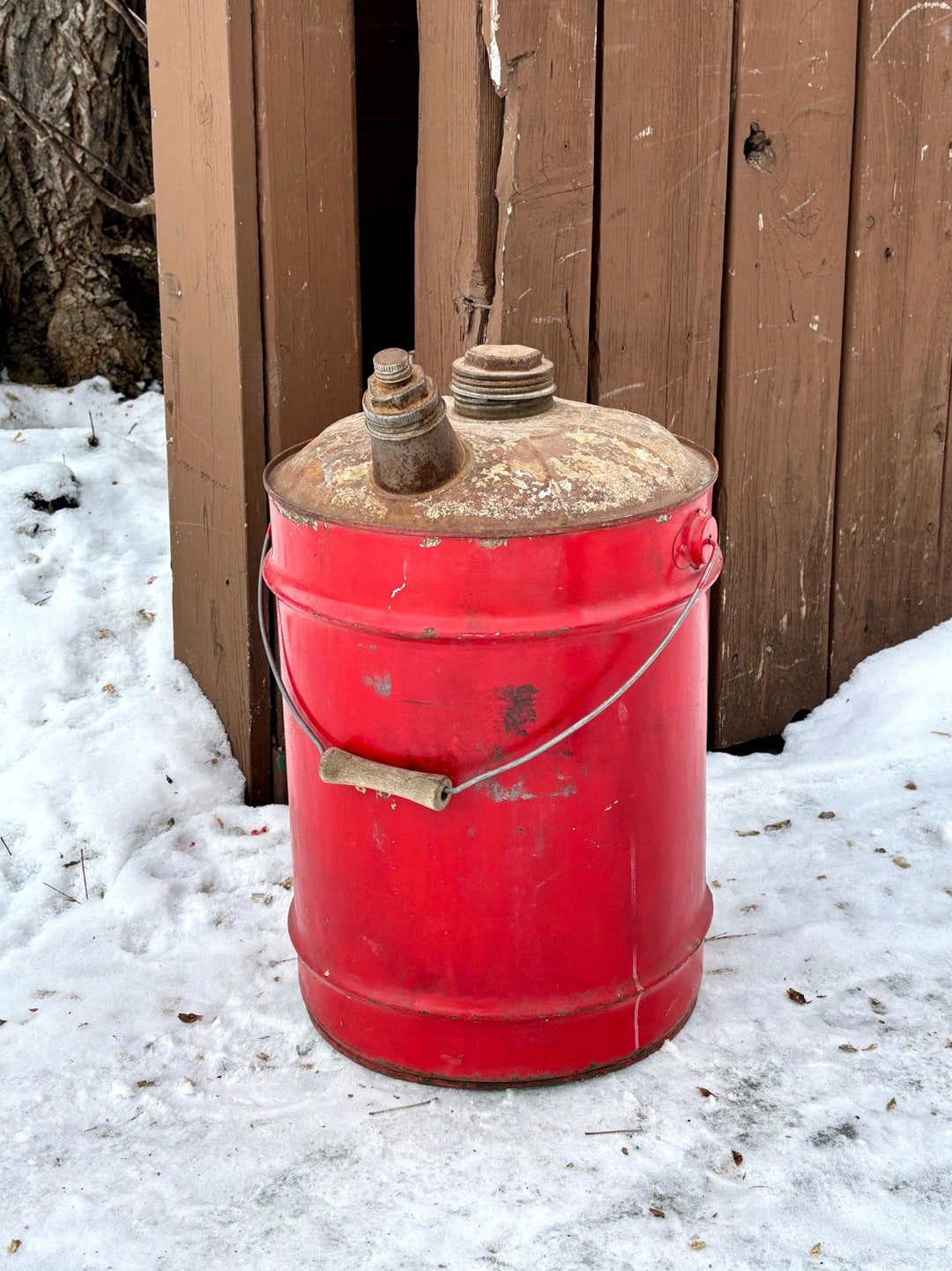 Vintage Large Metal Gas Can (red) 15 Inch Tall With Wooden Handle, Est ...
