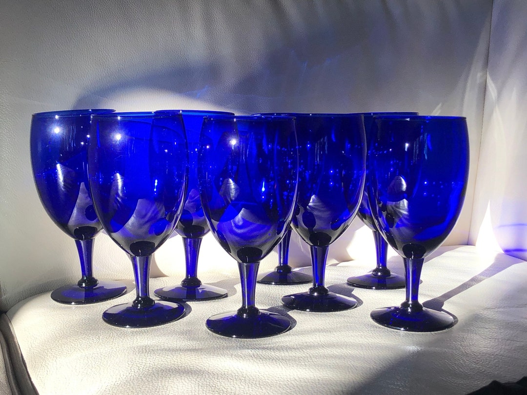 Vintage Cobalt Blue Glass Stemware Set of 4 oversized Wine Glass/ Water ...