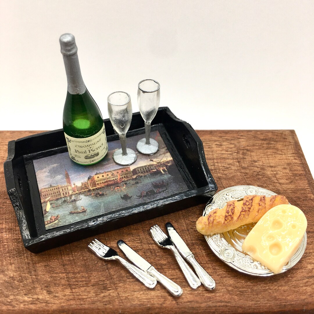1:12 Scale Wooden Tray With Venice Decor, Champagne Bottle, Champagne ...