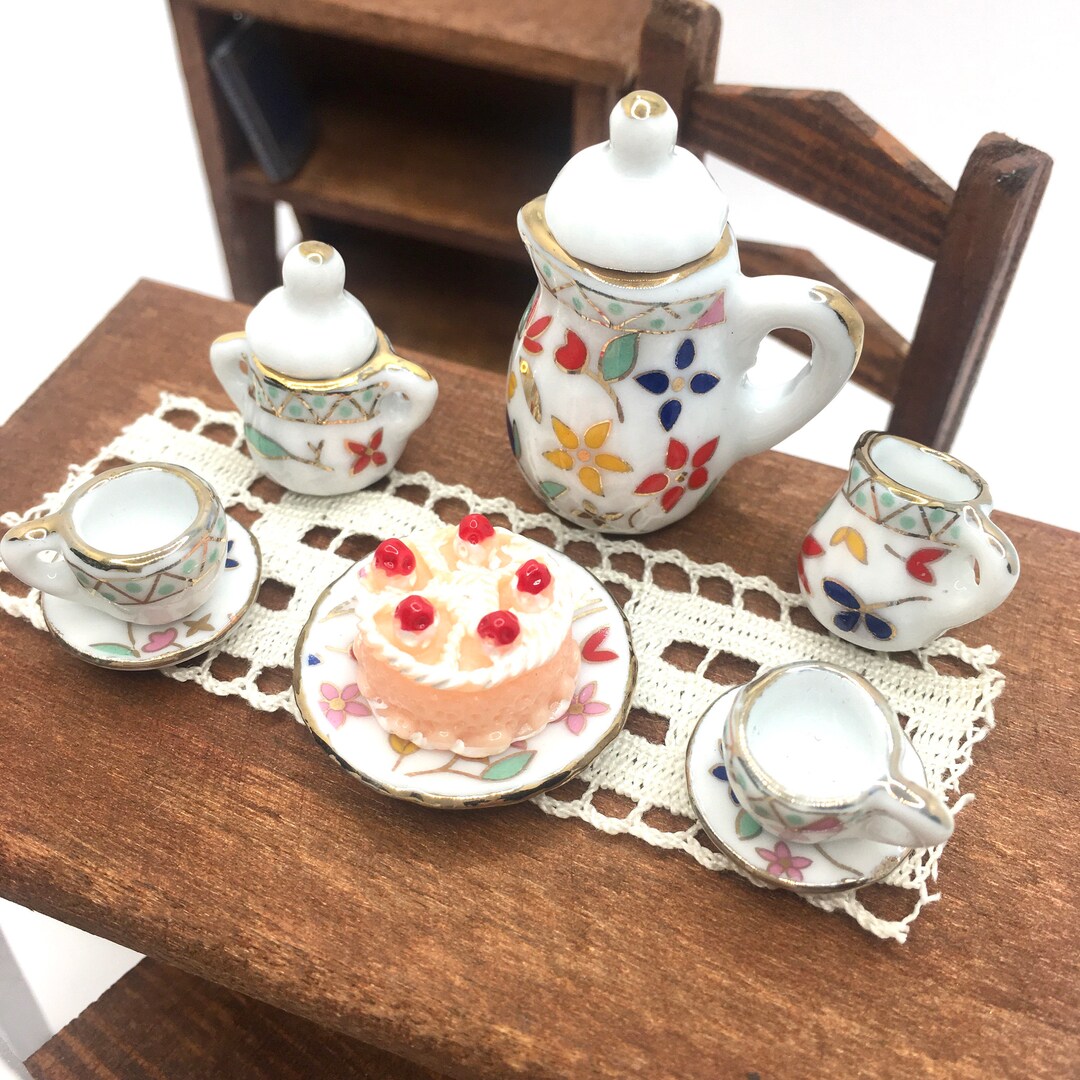 1:12 Scale Miniature Tea Set, Porcelain Miniature Tea Set With Cake and ...