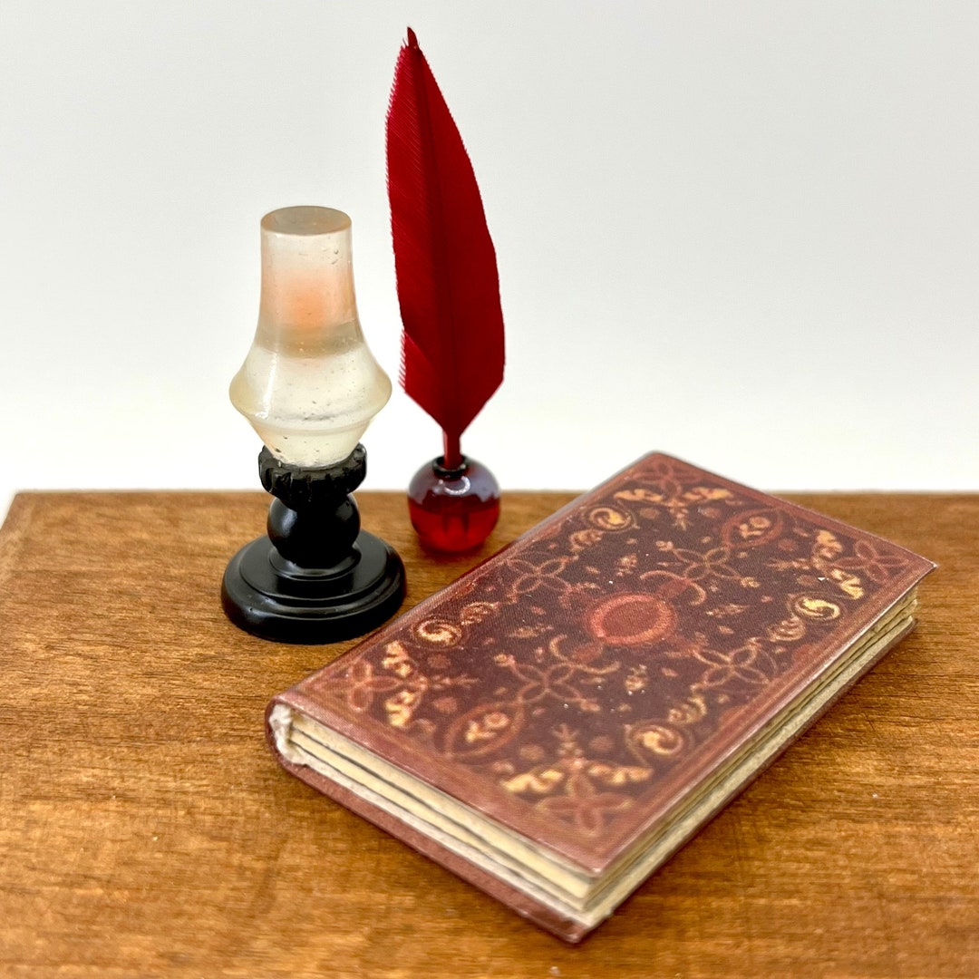 1:6 Scale Antique Miniature Book, Quill and Ink and Oil Lamp, Dollhouse ...
